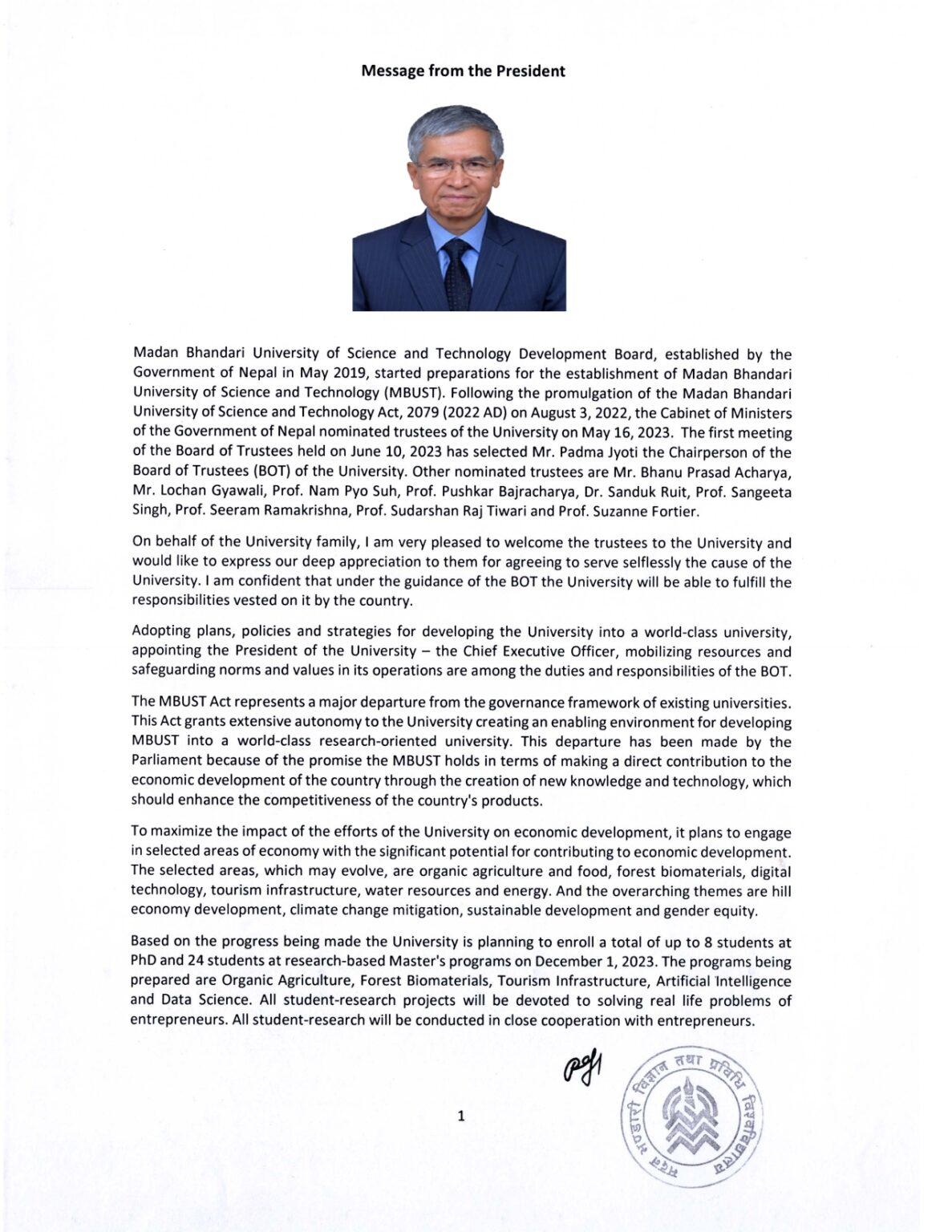 Message From President – Madan Bhandari University of Science and ...